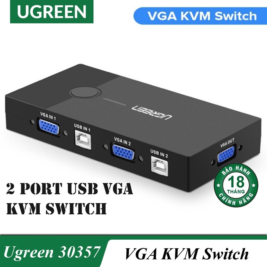 Bộ KVM Switch USB Ugreen 30357 Chuyển tín hiệu 2 máy tính dùng 1 màn hình Vga (KÈM 2 DÂY USB ...
