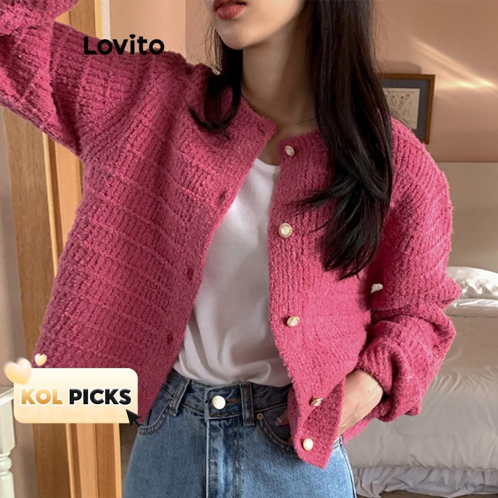 (KOL‘s pick) Áo len Lovito phối nút kim loại phía trước màu trơn phong ...