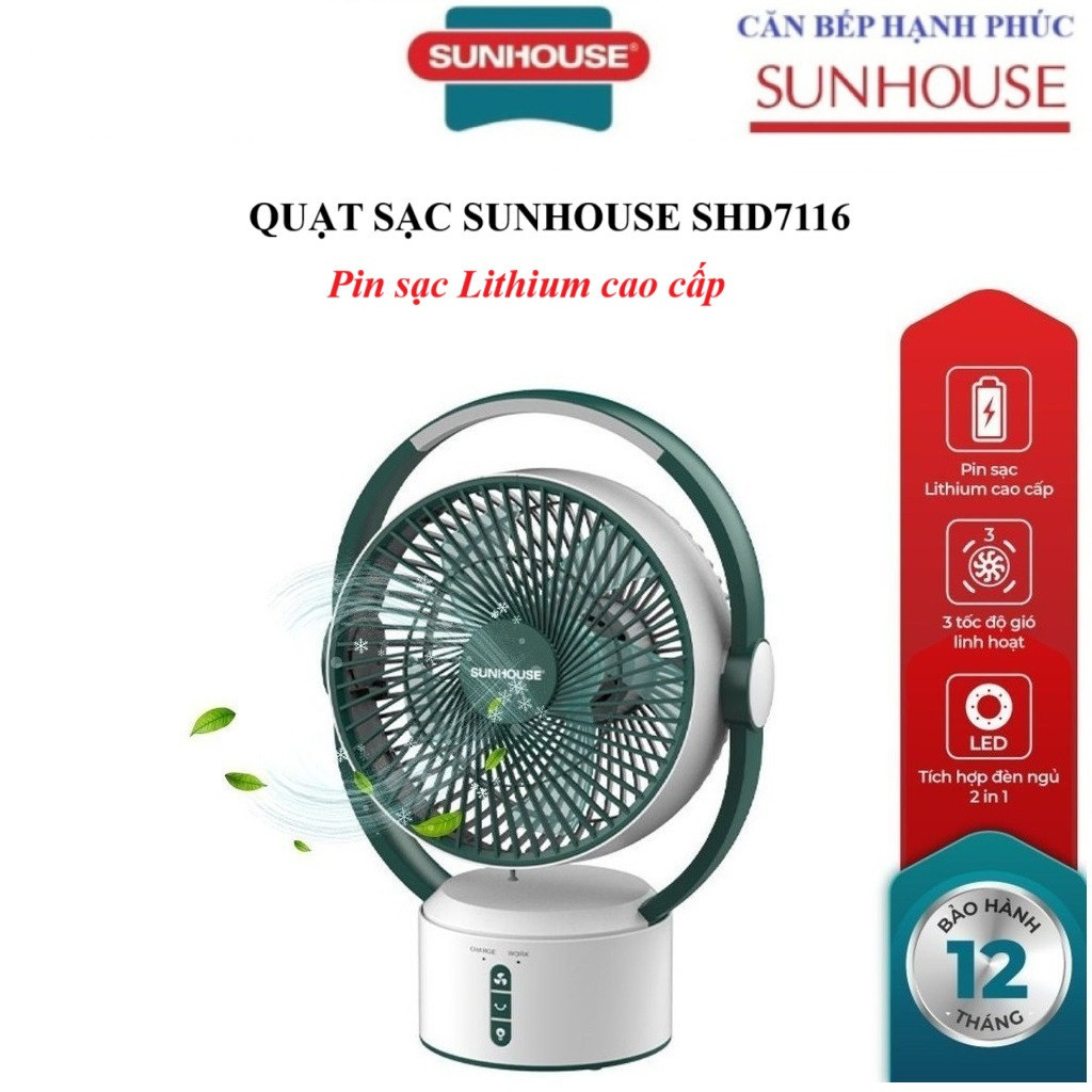Quạt sạc điện SUNHOUSE SHD7116 - 3 tốc độ gió tùy chỉnh, tích hợp đèn ...