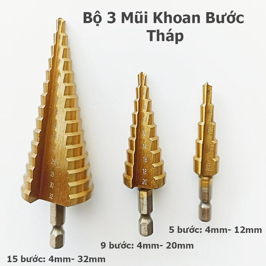 Bộ 3 mũi khoan bước tháp HSS 4241 phủ Titan, Đường kính từ 4 - 32mm | Shopee Việt Nam