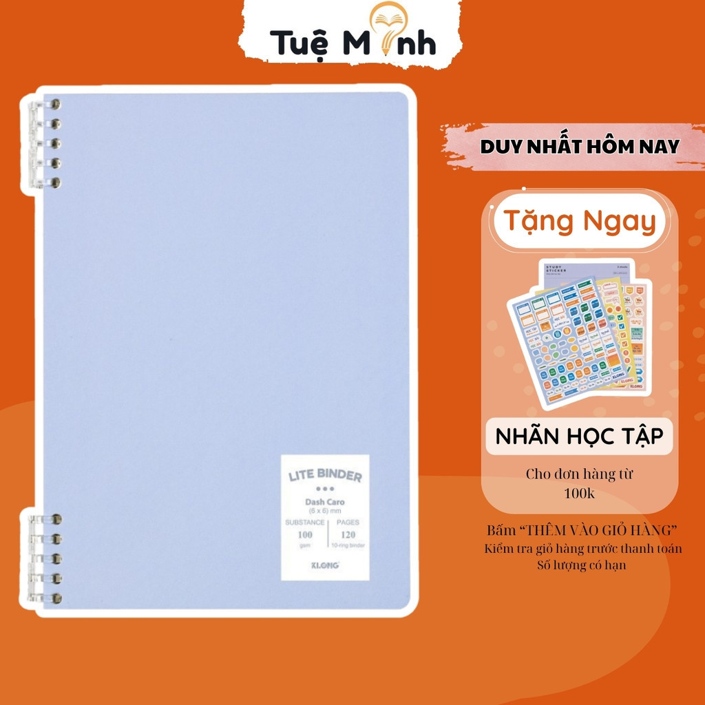 Vở Dash Caro kẹp còng nhựa 2 đầu B5 120 trang 100gsm MS 809, giấy caro nét đứt Klong 6x6mm tiện ...
