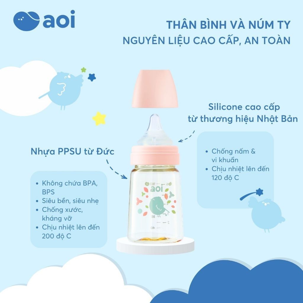 Bình sữa đơn sắc Aoi 80-180-280ml, Chất liệu nhựa PPSU cao cấp không chứa chất BPA | Shopee Việt Nam