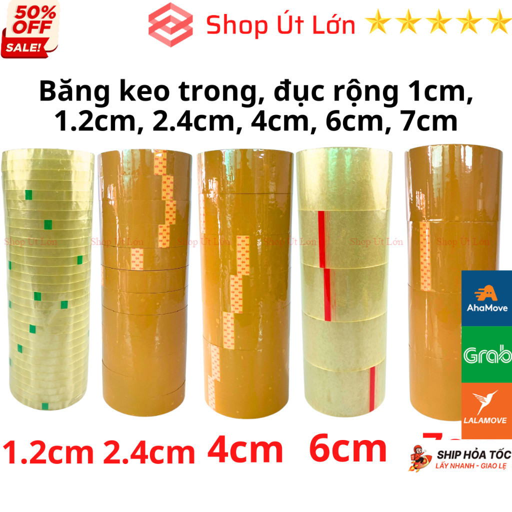 Băng keo Trong - Đục rộng 1cm, 1.2cm, 2.4cm, 3.5cm, 4cm, 6cm, 7cm - 100yard, nặng 1kg, lõi 3mm ...