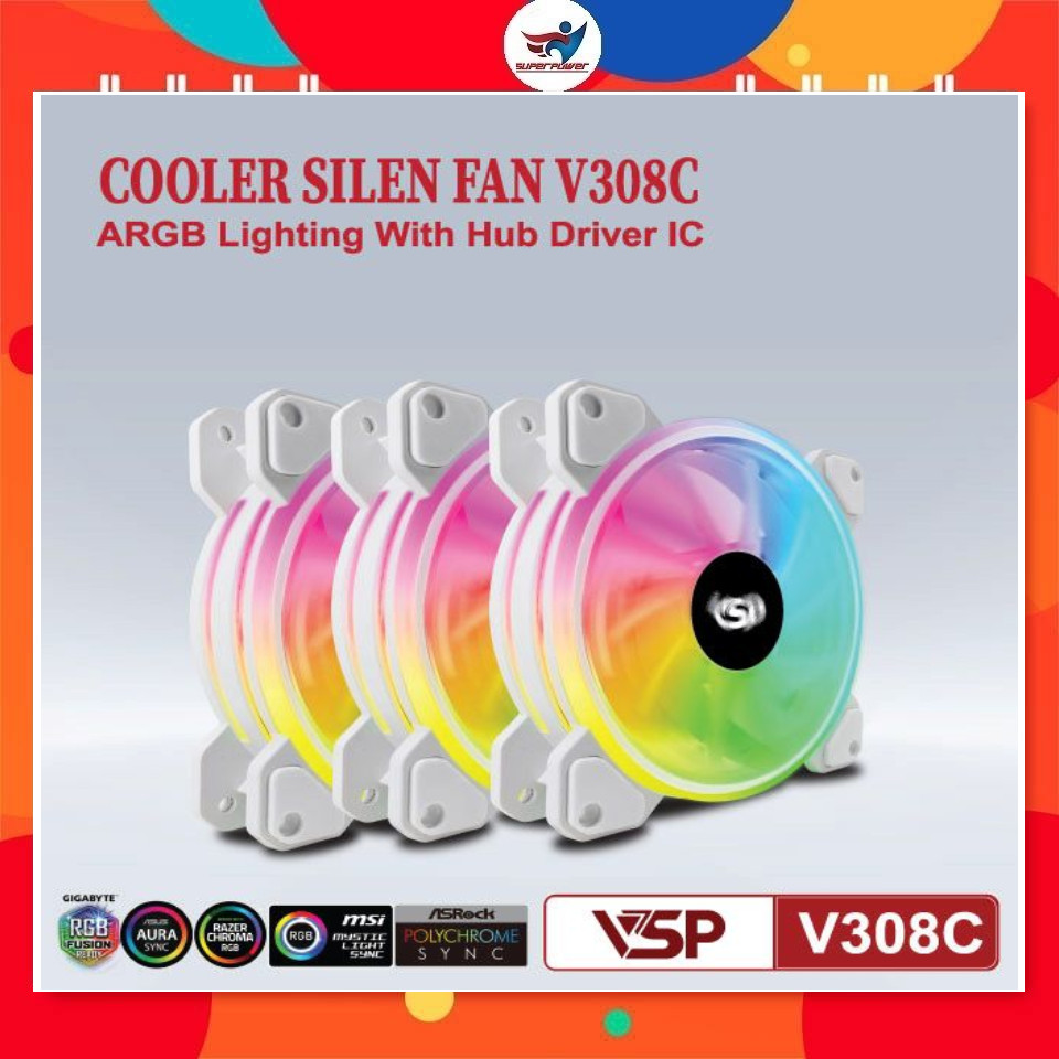 Bộ Kit 3 Fan Case VSP V308C Trắng LED ARGB (1 hup/ 1 remote/ 3c Fan ...