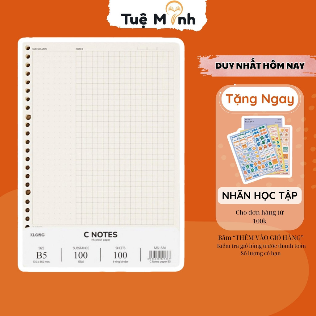 Ruột sổ còng C Notes ô caro 6x6mm B5 100 tờ Klong Ms536, giấy refill sổ ...