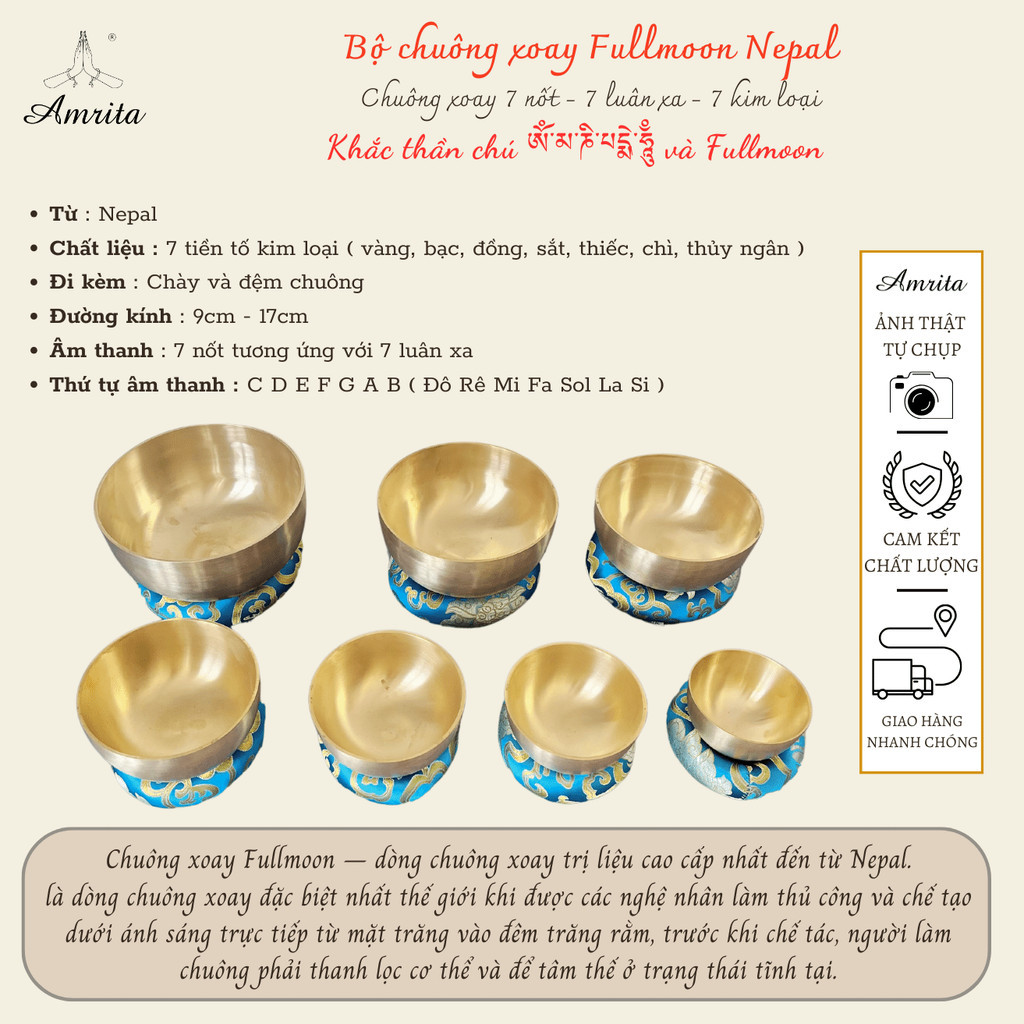 [Chính hãng] Bộ chuông xoay Fullmoon Nepal 7 note 7 luân xa-Nepal Bolws ...