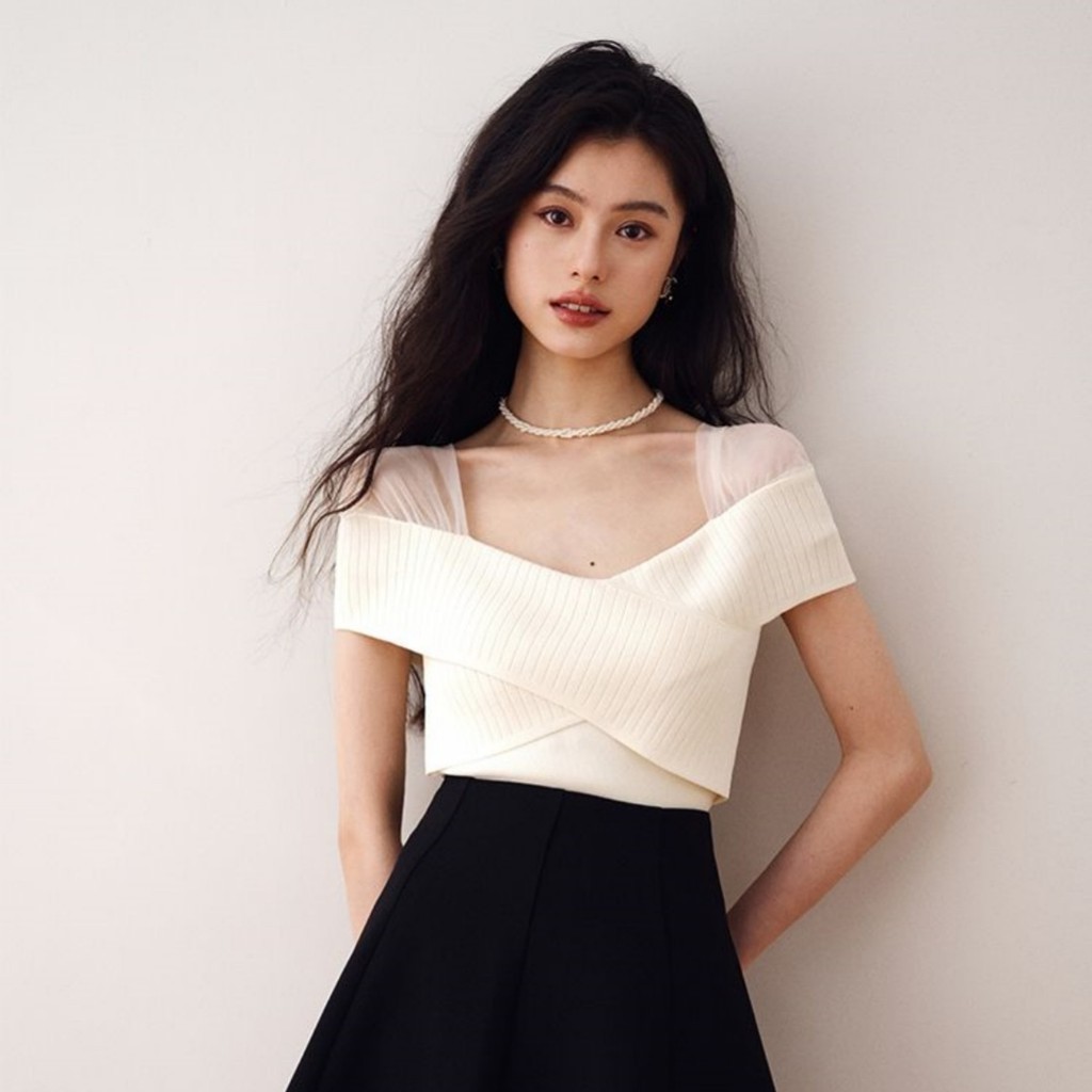 Balamy Thiết Kế Pháp Khâu Lưới Đan Tay Ngắn Nữ Mùa Hè Băng Lụa Cổ Vuông Ôm Vừa Vặn Lộ Xương Đòn ...