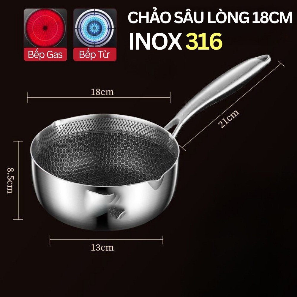 Chảo Chống Dính Vân Đá Tổ Ong Chất Liệu Inox 316 Đường Kính 18cm Dùng Cho Mọi Loại Bếp, Chống ...