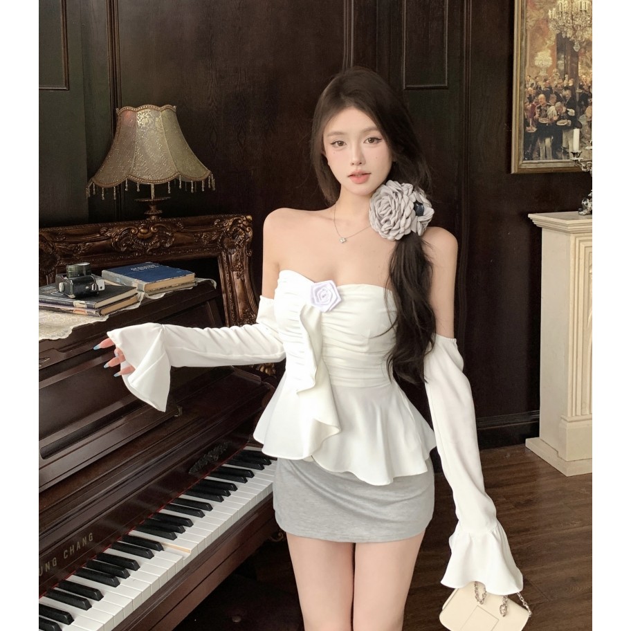 Liasynn Huaqian Yuexia Áo Sơ Mi Voan Một Vai Tay Trumpet Ống Áo Sơ Mi ...