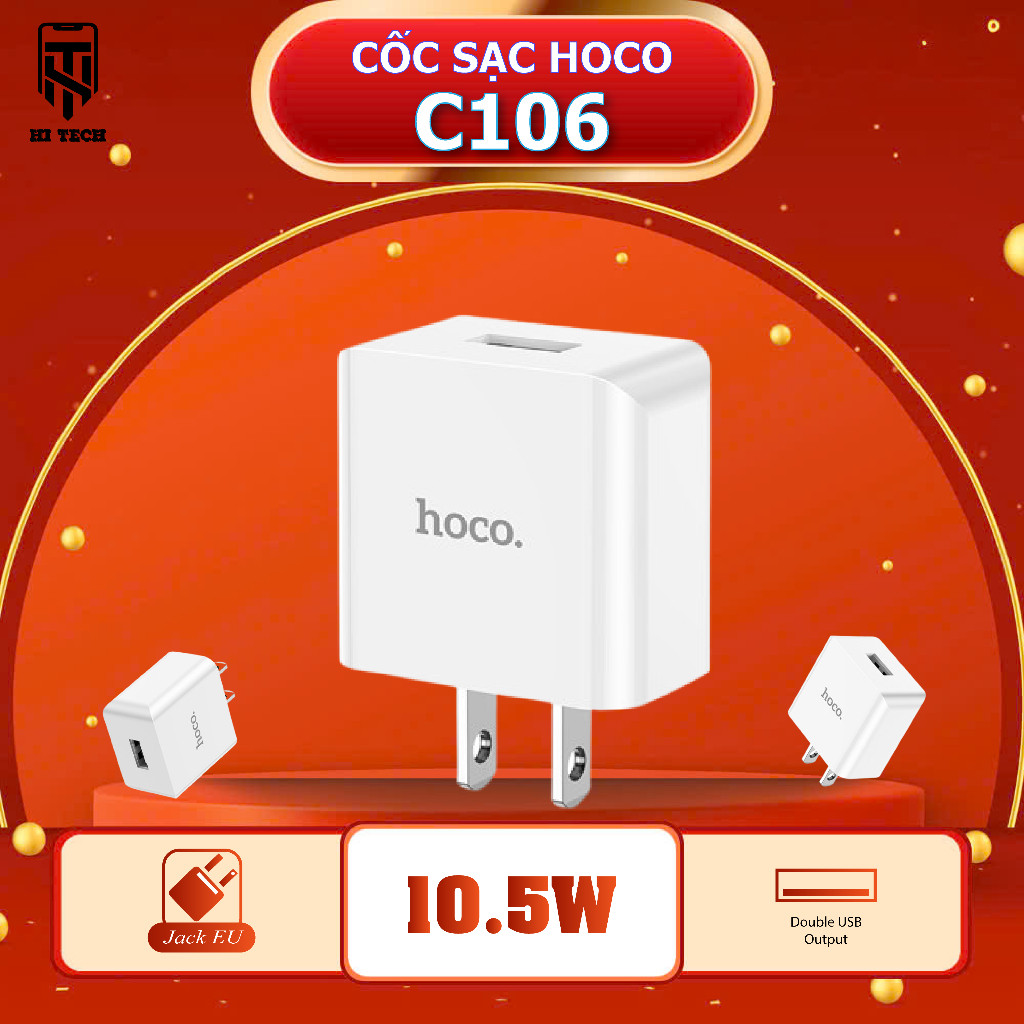 Củ sạc USB, củ sạc nhanh hoco C106 gồm 1 cổng USB, hỗ trợ sạc nhanh 10W, chất liệu PC chân dẹp ...