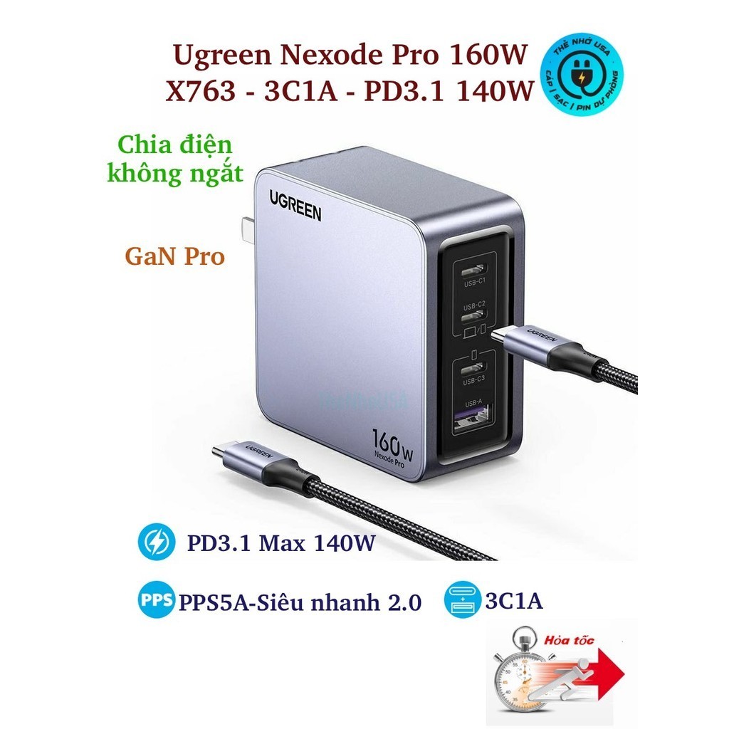 Củ sạc nhanh Ugreen 160W 140W Max 3C1A chia điện không ngắt PD3.1 PPS5A QC X763 | Shopee Việt Nam