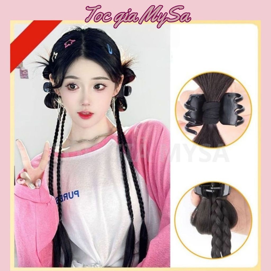 Tóc giả kẹp nơ thắt bím cho nữ 50cm, tóc tết giả thắt bím nơ dài, tóc ...