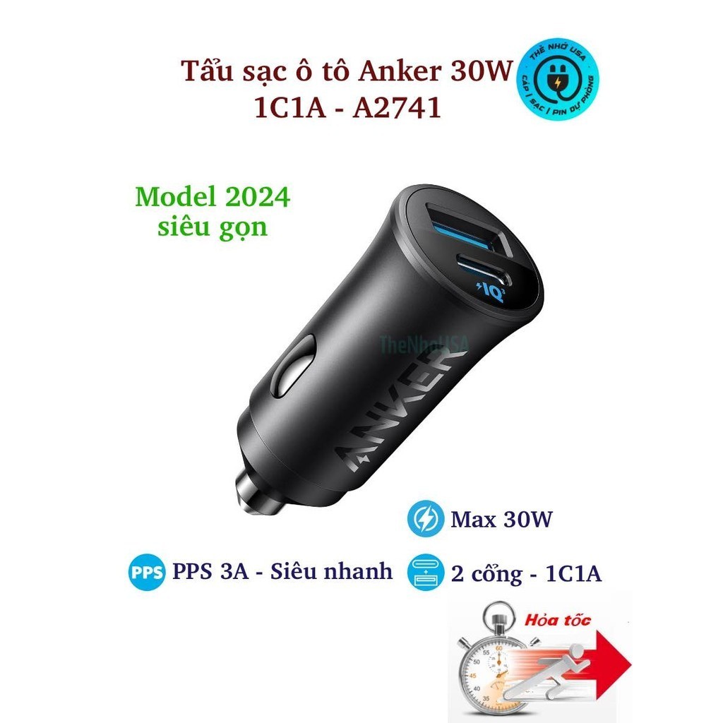 Tẩu sạc nhanh ô tô Anker 2 cổng 30W A2741 1 type C 1 type A PD PPS QC ...