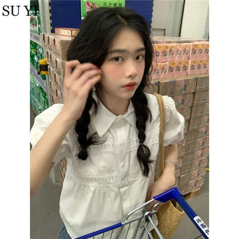 Su YI Áo sơ mi tay ngắn màu trắng kiểu Pháp áo sơ mi dáng rộng | Shopee ...