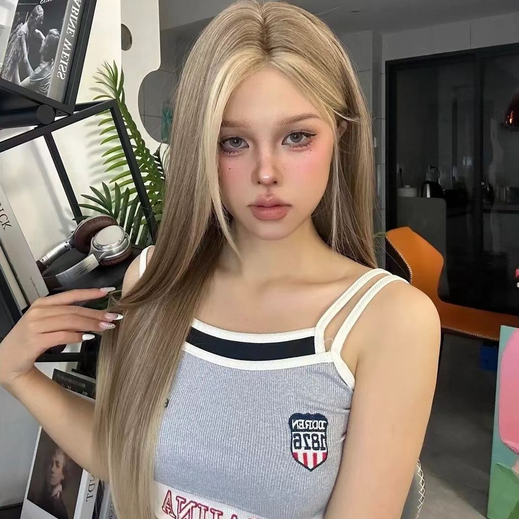 [Mẫu Châu Á] Ren trán Mỹ Retro California Hot Girl Golden Brown Highlight Gradient Tóc thẳng ...