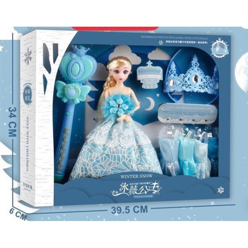 Hộp đồ chơi búp bê Elsa có cây phép thuật , vương miện , lâu đài Elsa ...