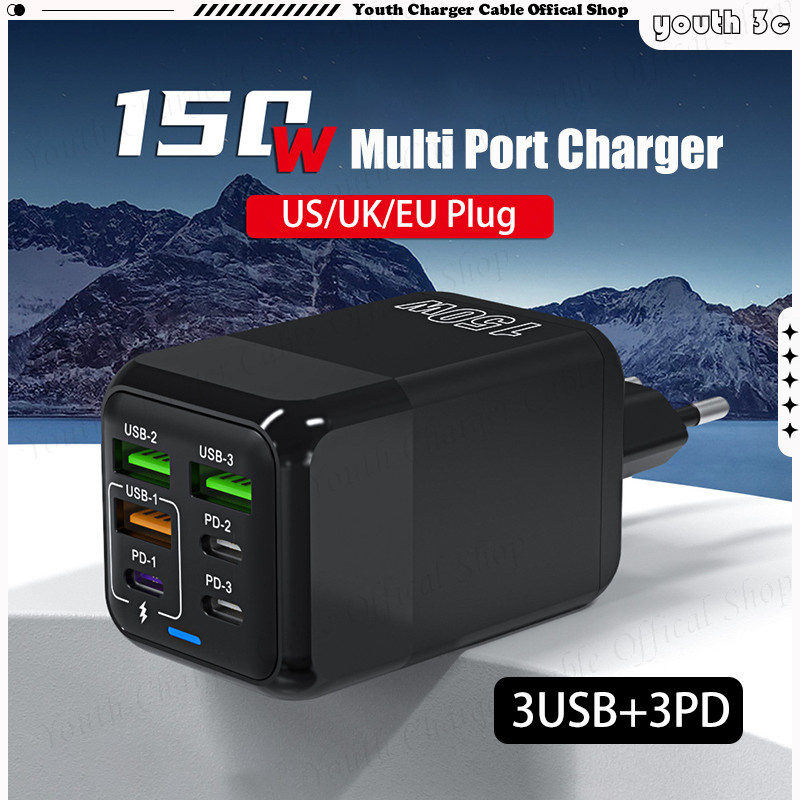 Bộ sạc Flash đa cổng 150W 5V 3A USB Type C Bộ chuyển đổi nguồn cho ios Micro Type C 3USB + Bộ ...