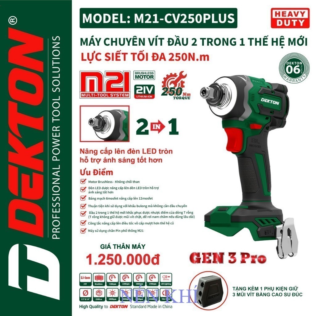 Máy bắn vít pi.m DEKTON GEN 3 pro , M21-CV250PLUS , Đầu 2 trong 1 Lực Siết 250n.m Motor ...