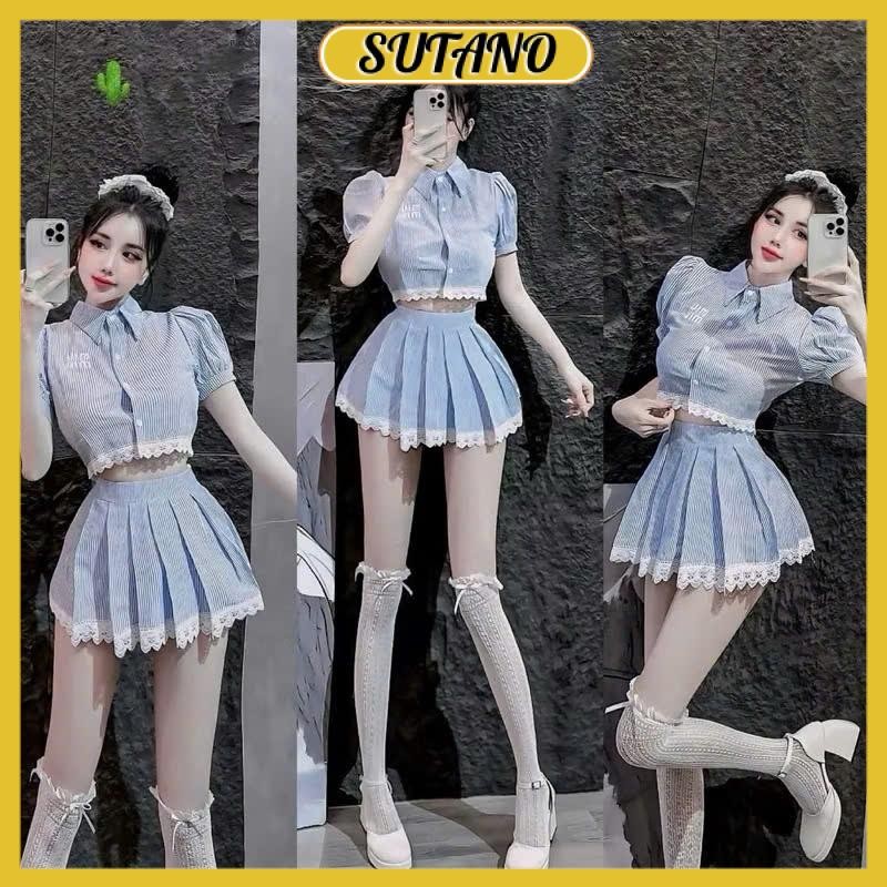 Set bộ đồ nữ áo sơ mi croptop thêu chữ mix chân váy xếp ly phối ren kẻ ...
