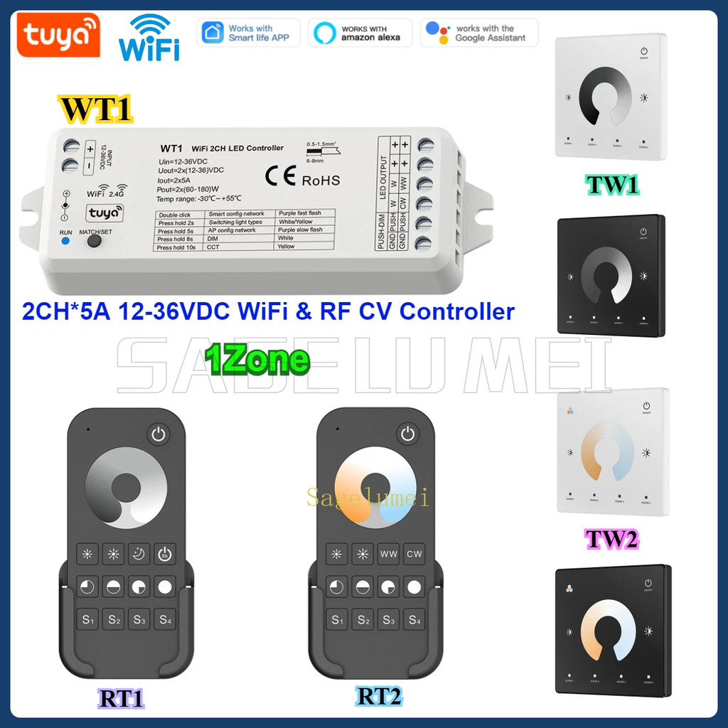 Bộ điều khiển LED WT1 RT1 / 2 TW1 / 2 Tuya WiFi LED Dimmer 12V 24V 36V DC 2CH Thông minh 2.4G RF ...