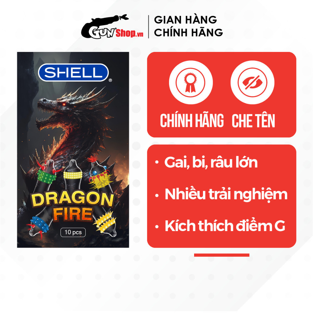 Bao cao su Shell Dragon Fire - Hộp 10 cái - 5 bao gai, bi nổi lớn + 5 ...
