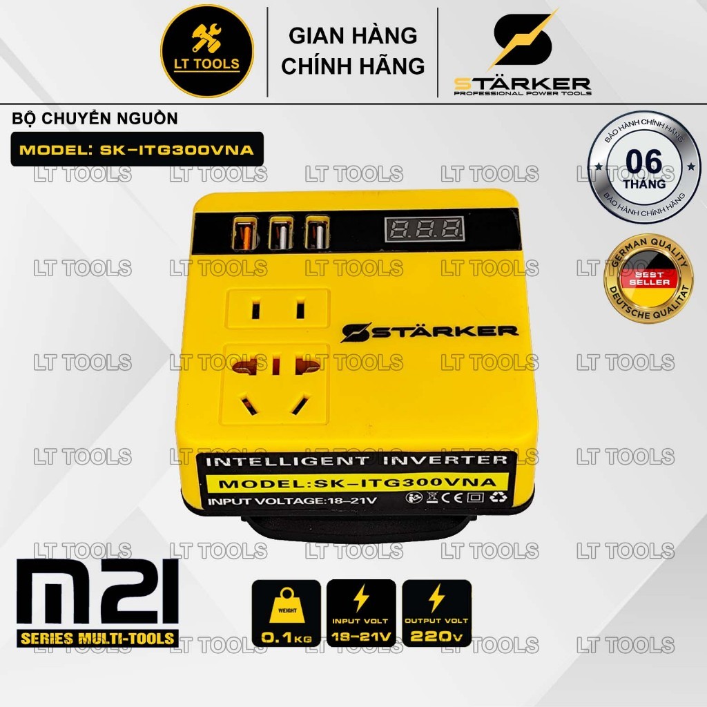Bộ chuyển đổi nguồn pin 18V-21V lên điện 220V Chính hãng Starker ITG300VNA, Điện năng 300W, Dùng ...