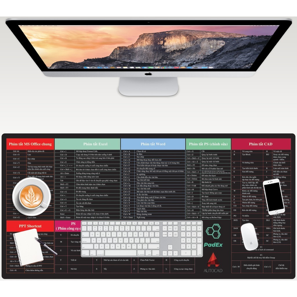 Miếng Lót chuột in phim tắt Excel, MS-Office, Pts, Autocad, Pad MOUSE ...