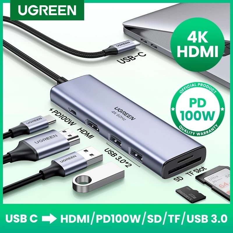 Hub Type-C Ugreen 6in1 Usb-C to HDMI 60384 15214 (4K60Hz USB3.0 SD/TF PD100W) Chính Hãng CM195 ...