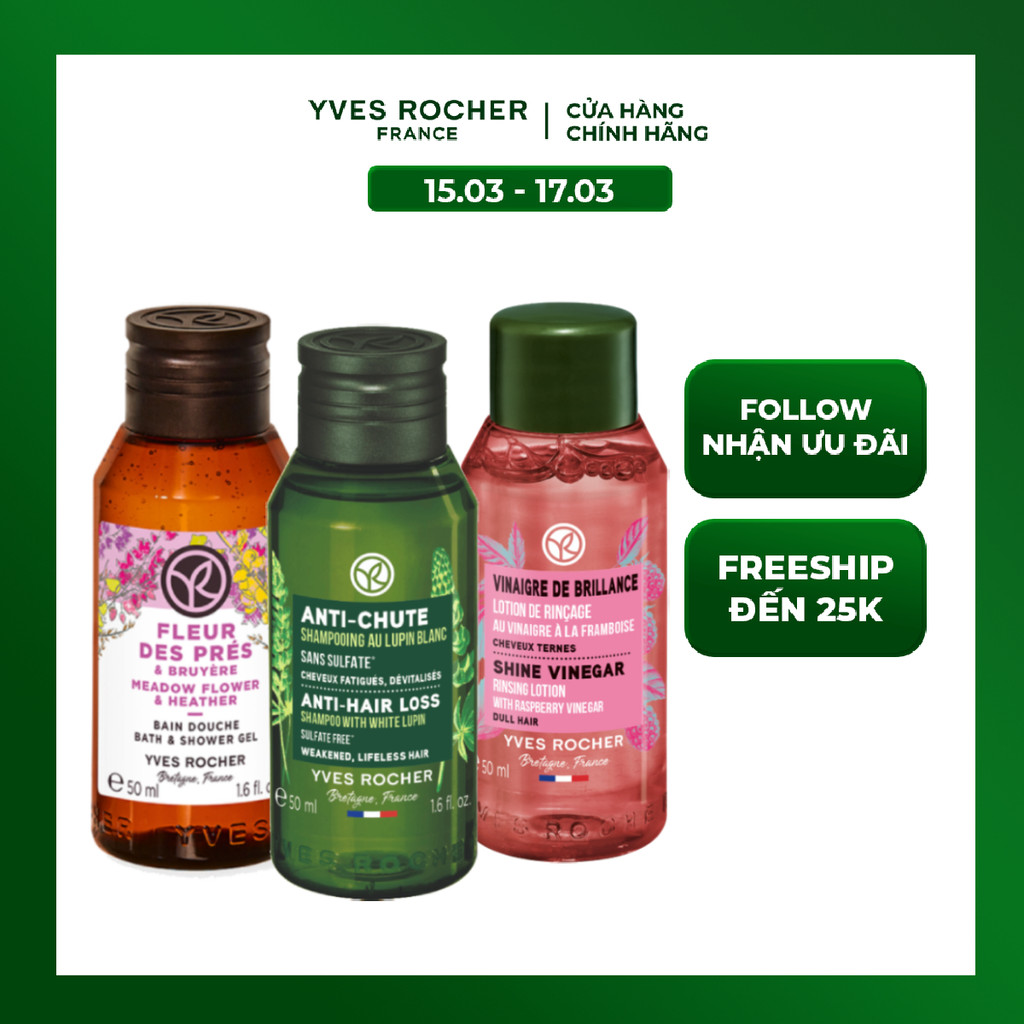 Set 3 mini trải nghiệm Yves Rocher: Sữa tắm 50ml + Dầu gội 50ml + Giấm ...