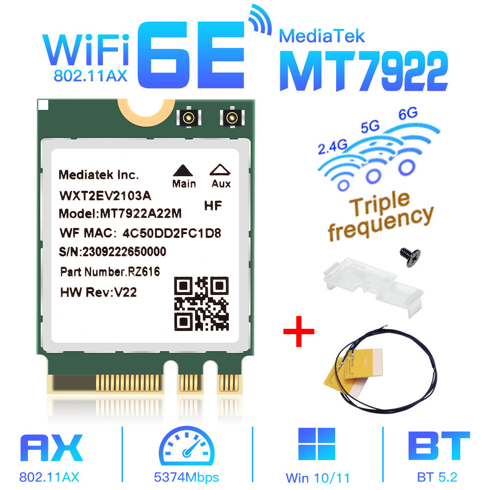 Wifi 6E MT7922 M.2 Thẻ không dây 5374Mbps Bluetooth 5.2 Bộ chuyển đổi mạng 802.11ax 2.4G / 5G ...