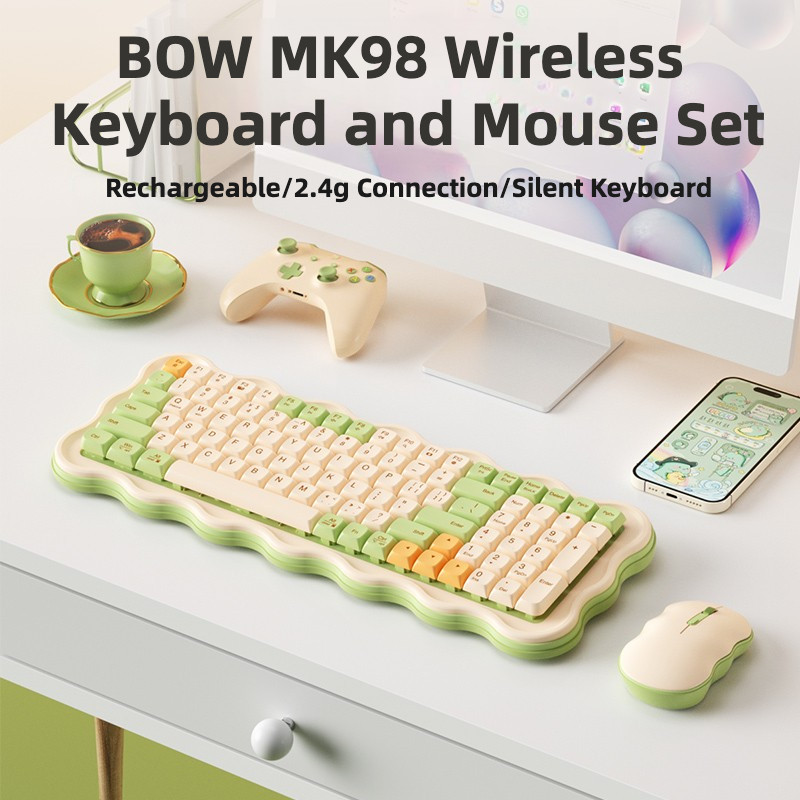 Bow 2.4g Bộ Bàn Phím Và Chuột Sạc Không Dây Sạc Matcha Trà Sữa Bé Gái Laptop Văn Phòng MK98 ...