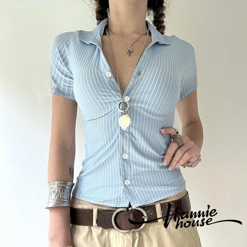 Hannie House- Áo sơ mi nữ tay ngắn có cổ áo sọc in nút xuống | Shopee ...