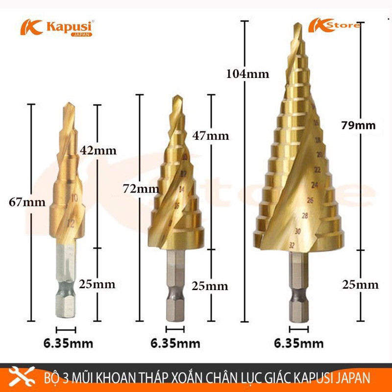 Mũi khoan tháp 4-12mm, 4-22mm, 4-32mm Kapusi Japan, chất liệu HSS phủ titan siêu cứng siêu bền ...