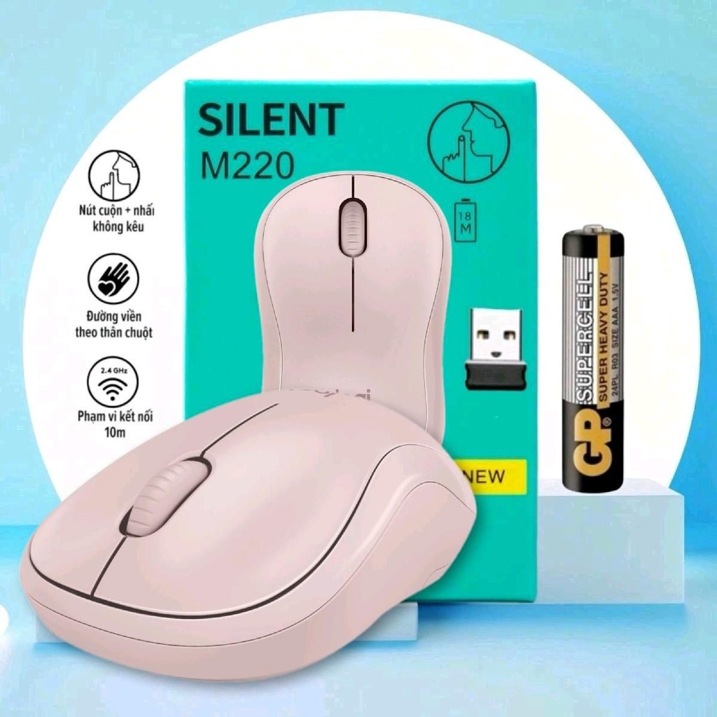 Chuột Không Dây USB L0GITECH M220 SLIENT Màu Hồng Bấm Êm , Nhẹ, Không ...