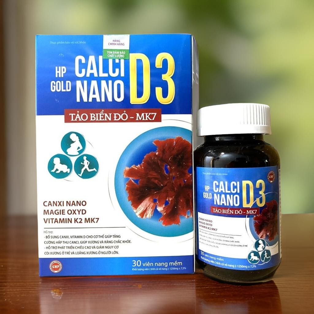 HP Gold Calci Nano D3 tảo biển đỏ MK7 lọ 30 viên Bổ sung canxi chống còi xương loãng xương giúp ...