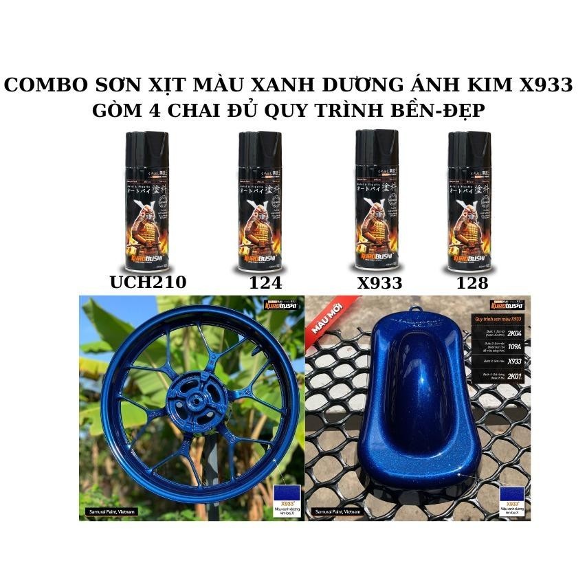 combo sơn xịt màu xanh dương ánh kim X933 samurai gồm 4 chai (lót uch210, nền bạc 124, màu X933 ...