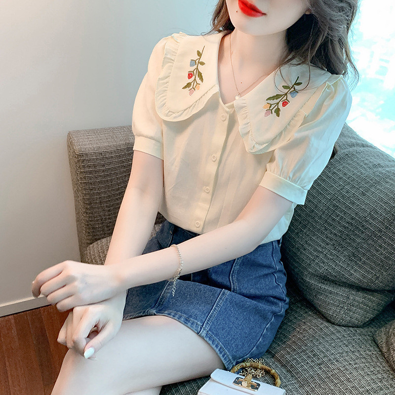 Nữ Mùa Hè Phiên Bản Hàn Quốc Mới Cổ Búp Bê Ngọt Ngào Tay Bong Bóng Slim ...