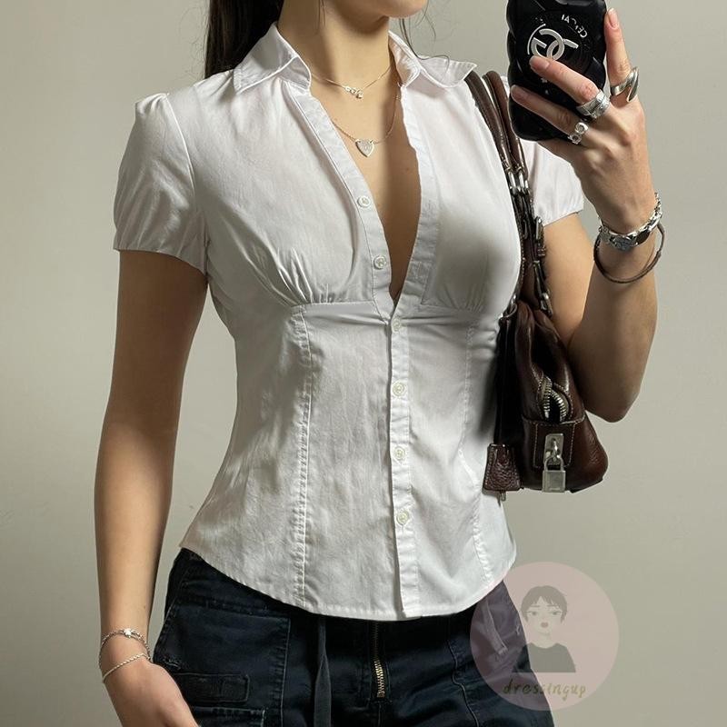 Dre-áo Sơ Mi Nút Xuống Nữ Tay Ngắn Cổ Áo Màu Trơn Áo Sơ Mi Slim Fit ...
