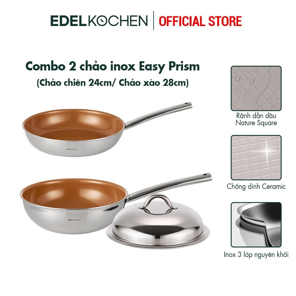Combo 2 chảo inox Edelkochen Easy Prism - Màu Copper (Chảo chiên 24cm ...