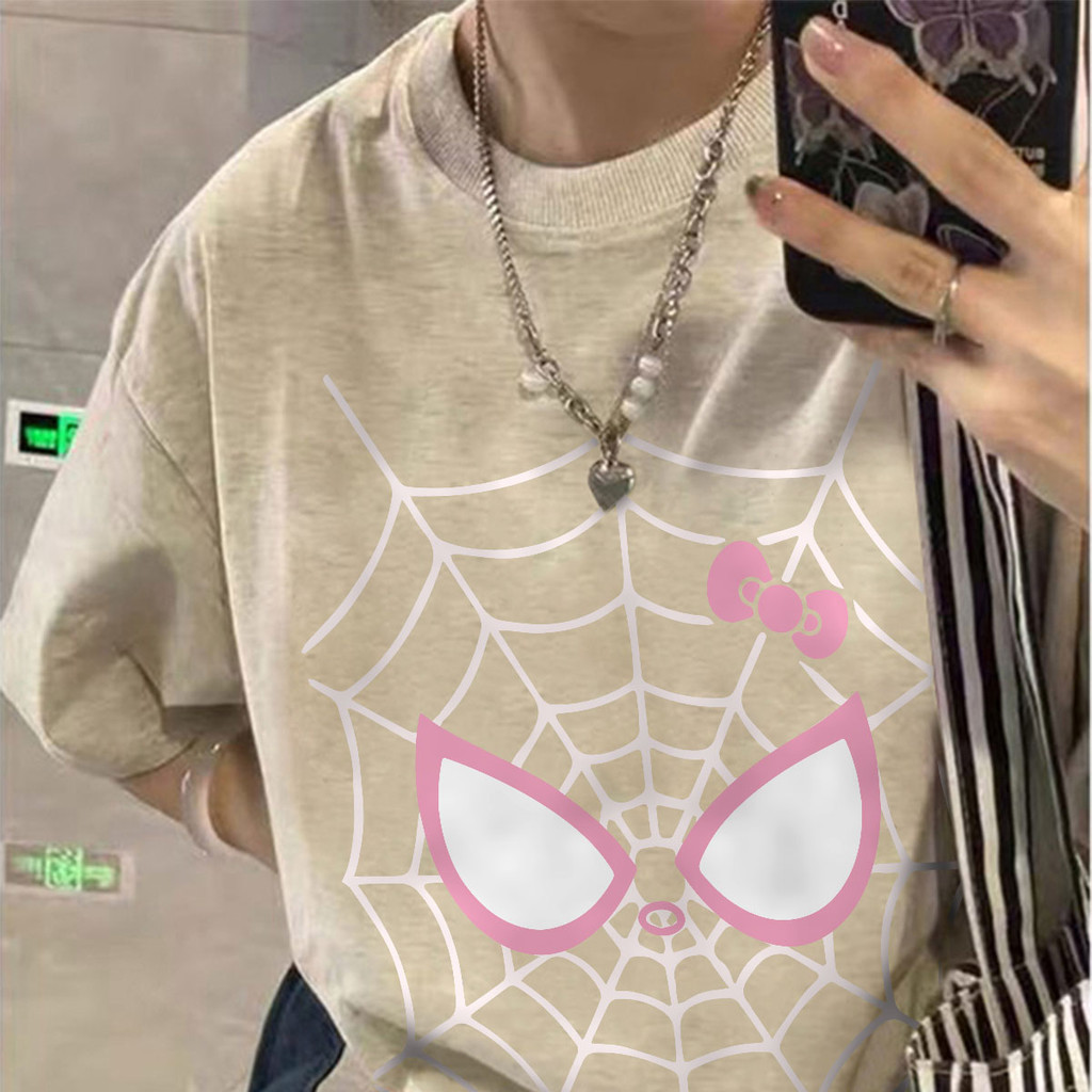 Áo phông nữ xám form rộng cổ tròn Hello Kitty&người nhện in hình áo ...