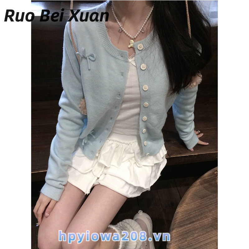 Ruo Bei Xuân Áo len dệt kim ngắn cổ tròn phong cách đại học Hàn Quốc ...