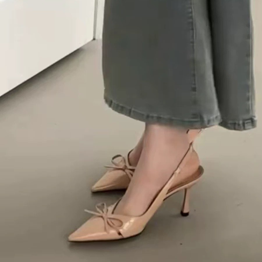 French Style Kitten Heel High Heel Toe Box Sandals Fairy Style Bow ...