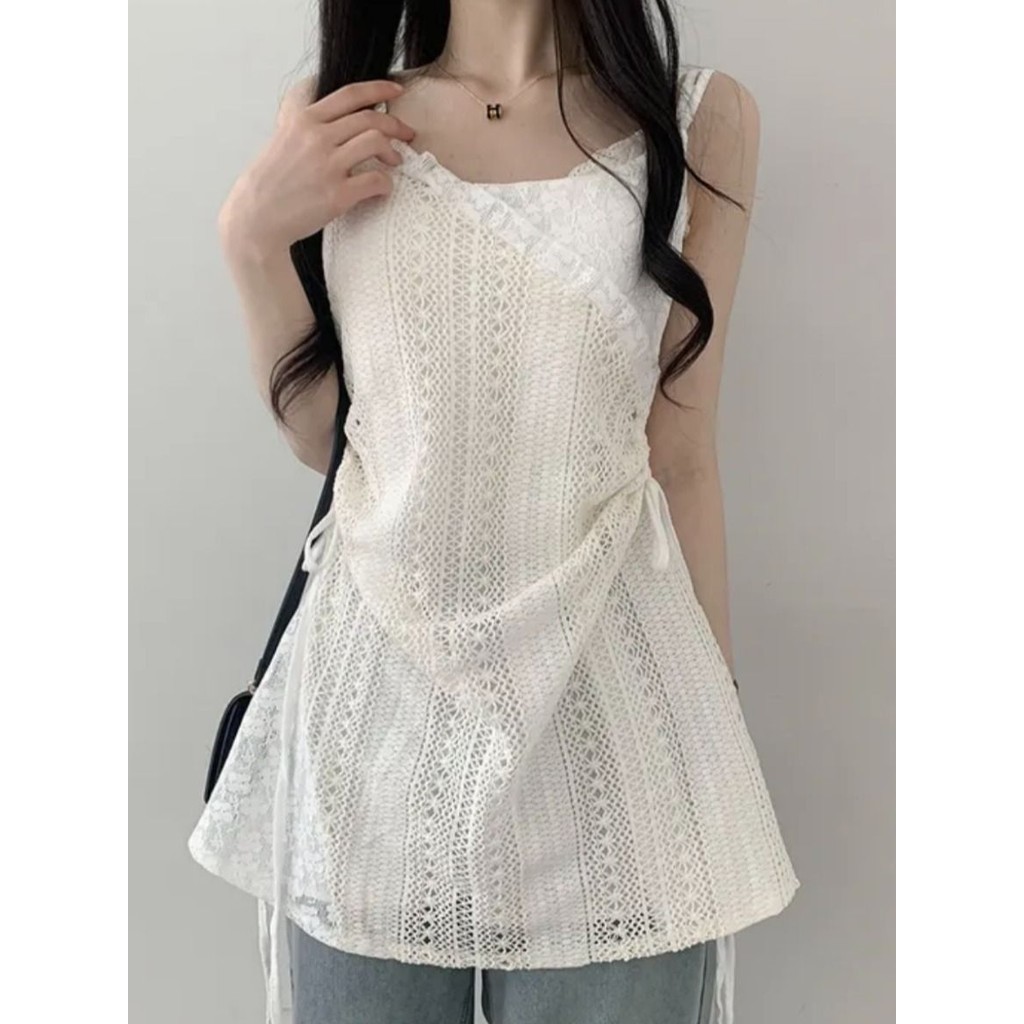 Áo sơ mi dệt kim ren dây rút cổ điển phong cách Hàn Quốc dành cho nữ ...