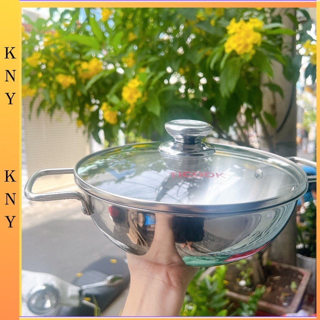 Chảo inox 304 3 Lớp TICOOK có nắp Cao Cấp - Chảo lẩu inox 304 3 lớp ...