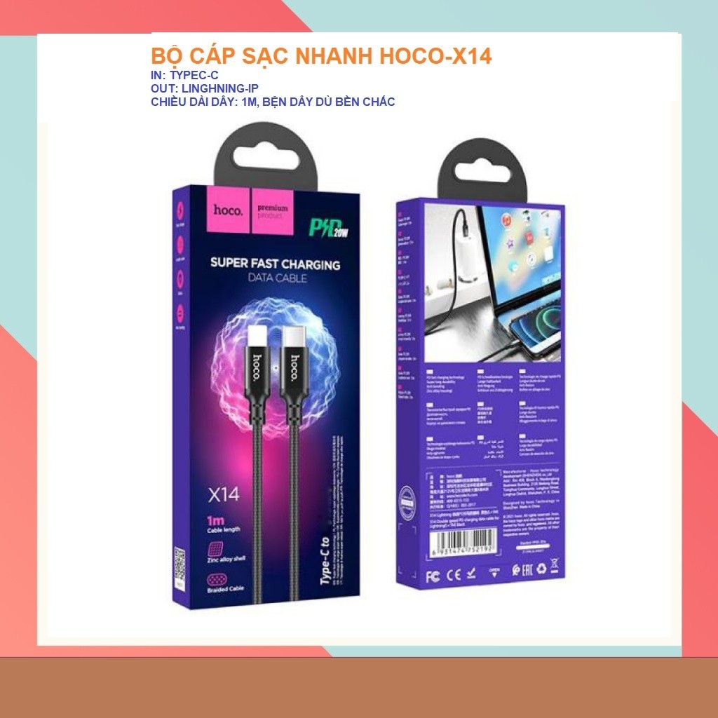 Bộ cáp sạc nhanh 20w chính hãng Hoco X14,cáp bọc dù chắc chắn chiều dai ...