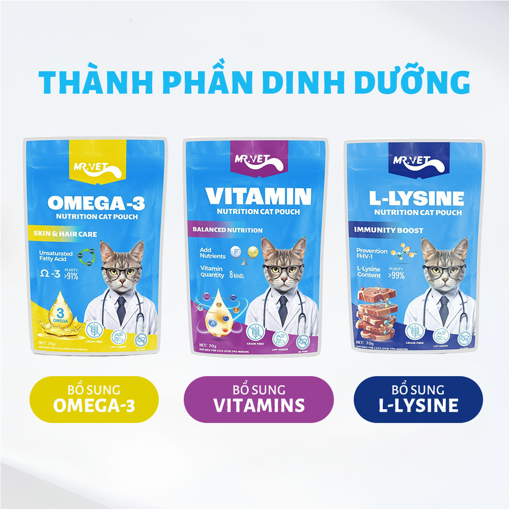 Pate Mr. Vet Gói 70g Dành Cho Mèo Bổ Sung Omega-3, Vitamins, L-Lysine ...
