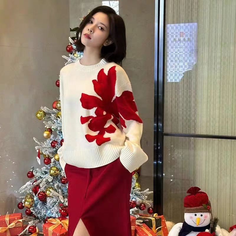 Áo len cổ tròn thiết kế Jacquard hoa phong cách lười cho nữ áo xu hướng tôn dáng thon gọn rộng ...