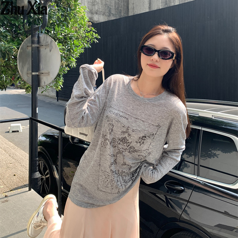 Zhu Xia Áo len nữ dài tay màu xám chống nắng Áo thun mỏng dáng rộng in ...