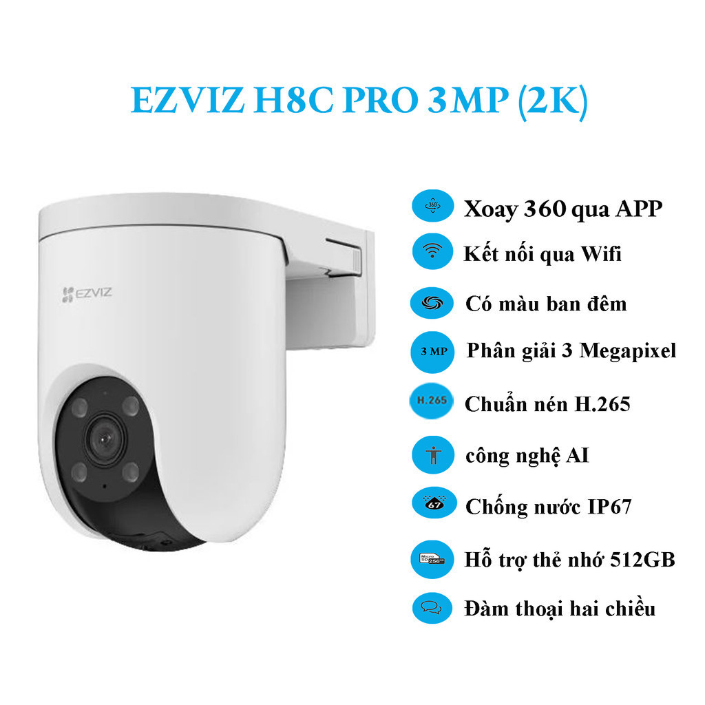 Camera EZVIZ ngoài trời H8C PRO 3MP (2K), xoay 360, có màu ban đêm, đàm ...