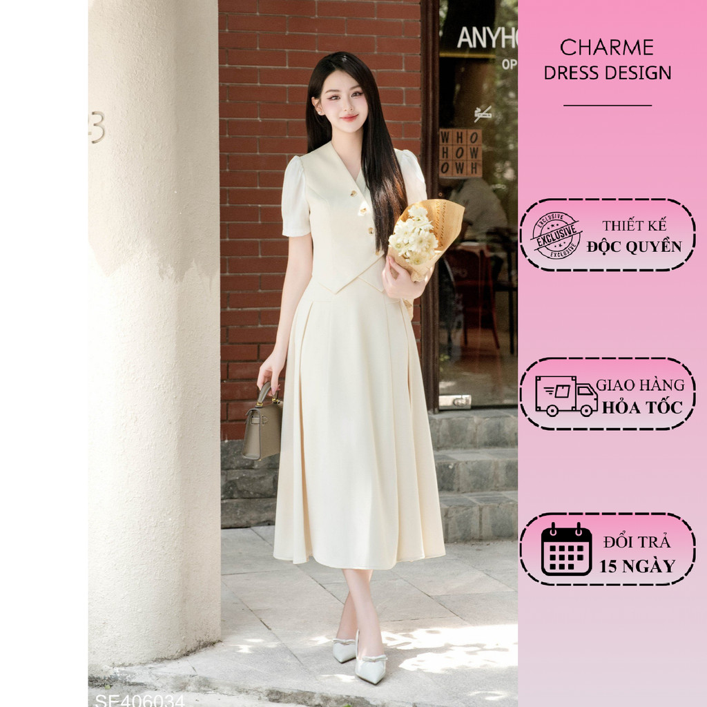 Set nữ áo cộc tay vạt chéo nhọn kèm chân váy dáng dài Charme 406034 | Shopee Việt Nam